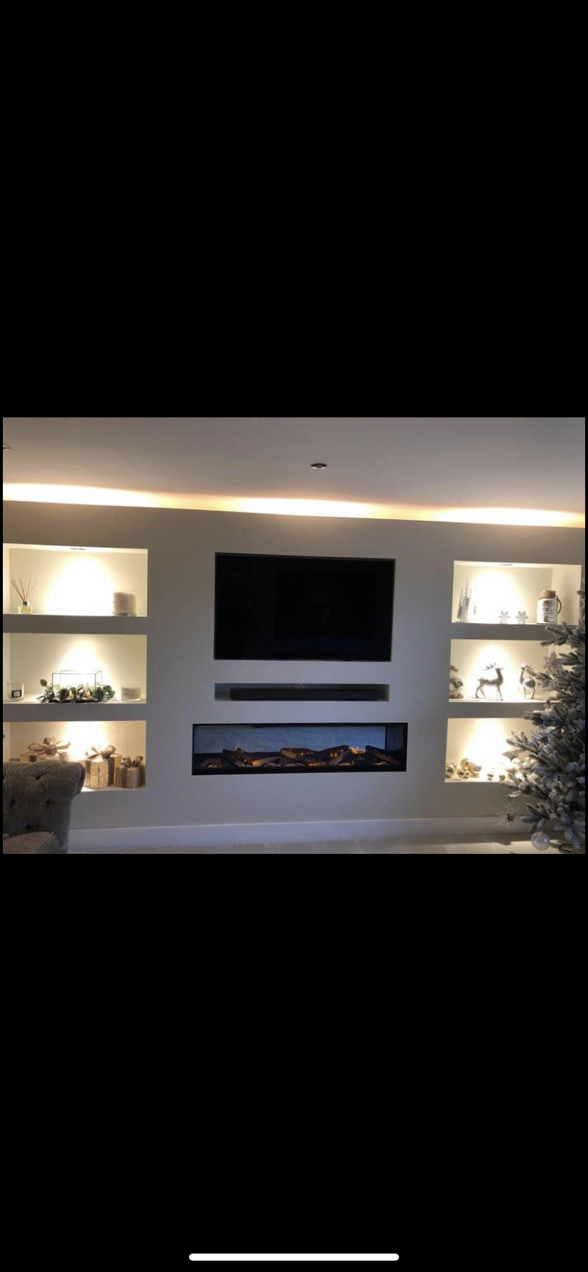 Grand Cinematic White Media Wall with 6 Backlit Shelves - Xclusive ...