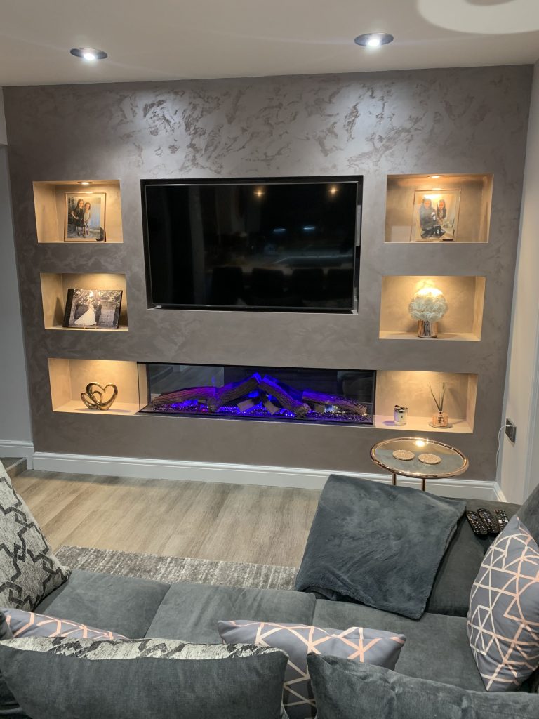 Grand Cinematic Marble Media Wall with 6 Backlit Shelves and Panoramic ...