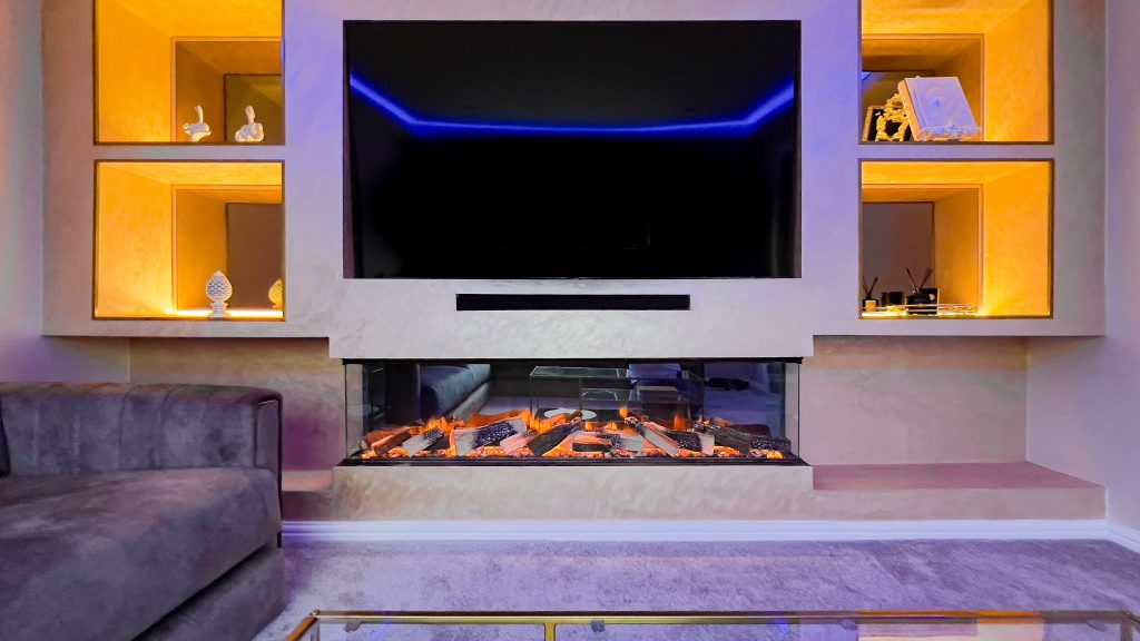 Grand Pearl Media Wall with 4 Backlit Shelves - Xclusive Kitchens Sheffield