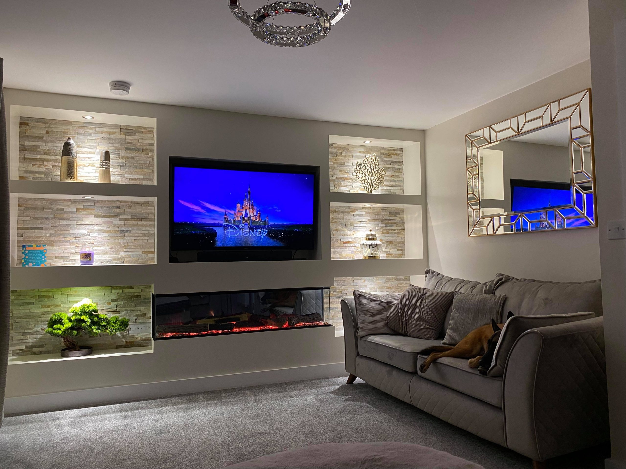 Grand White Media Wall with 6 Shelves and Brick Back - Xclusive ...