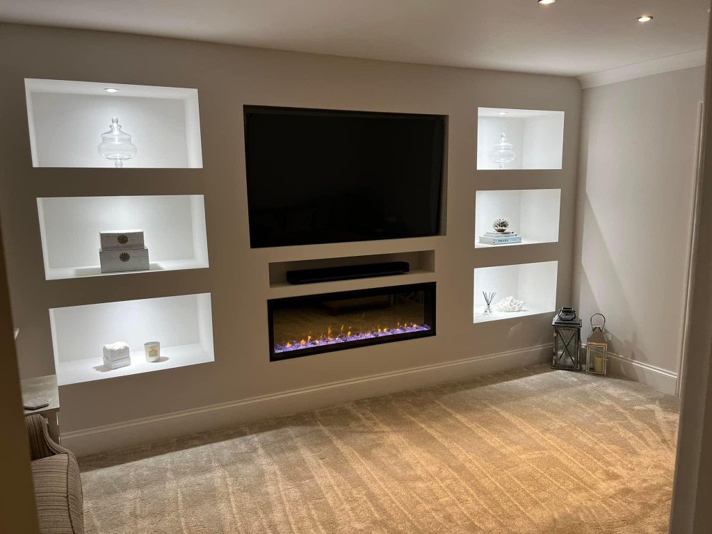 Grand White Media Wall with 6 Backlit Shelves - Xclusive Kitchens Sheffield