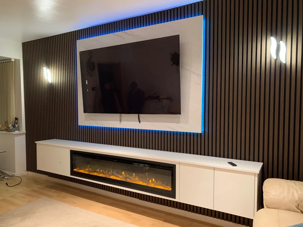 Entertainment Hub with Striped Wood Panel Media Wall - Xclusive ...